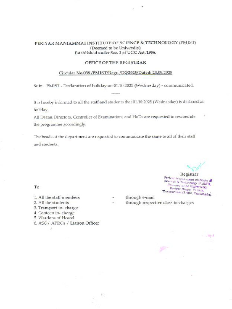 Circular Holiday On 01.10.2025 | PDF