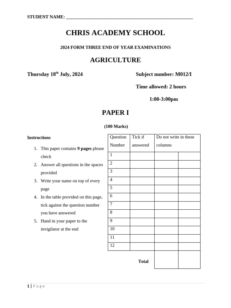 2024 Agriculture Exam Paper for Form Three | PDF | Agriculture | Soil