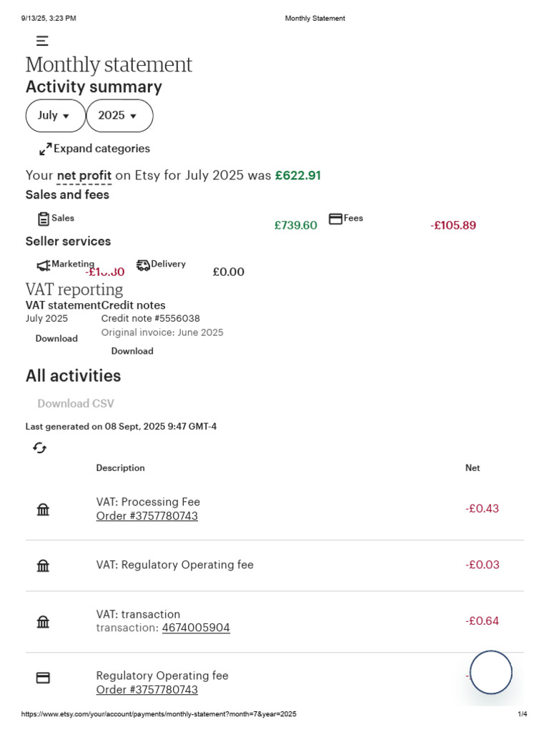 Etsy Monthly Statement July 2025 | PDF | Value Added Tax | Etsy