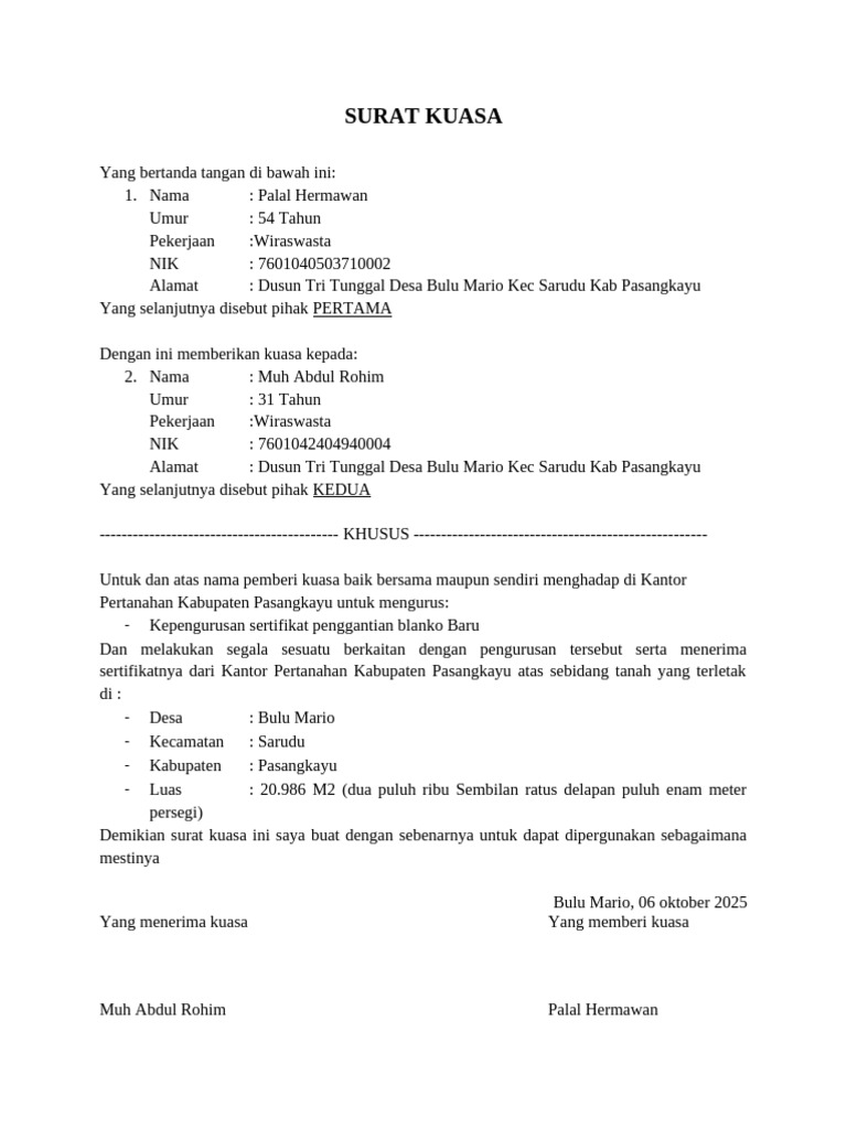 Surat Kuasa Pengurusan Sertifikat Tanah | PDF