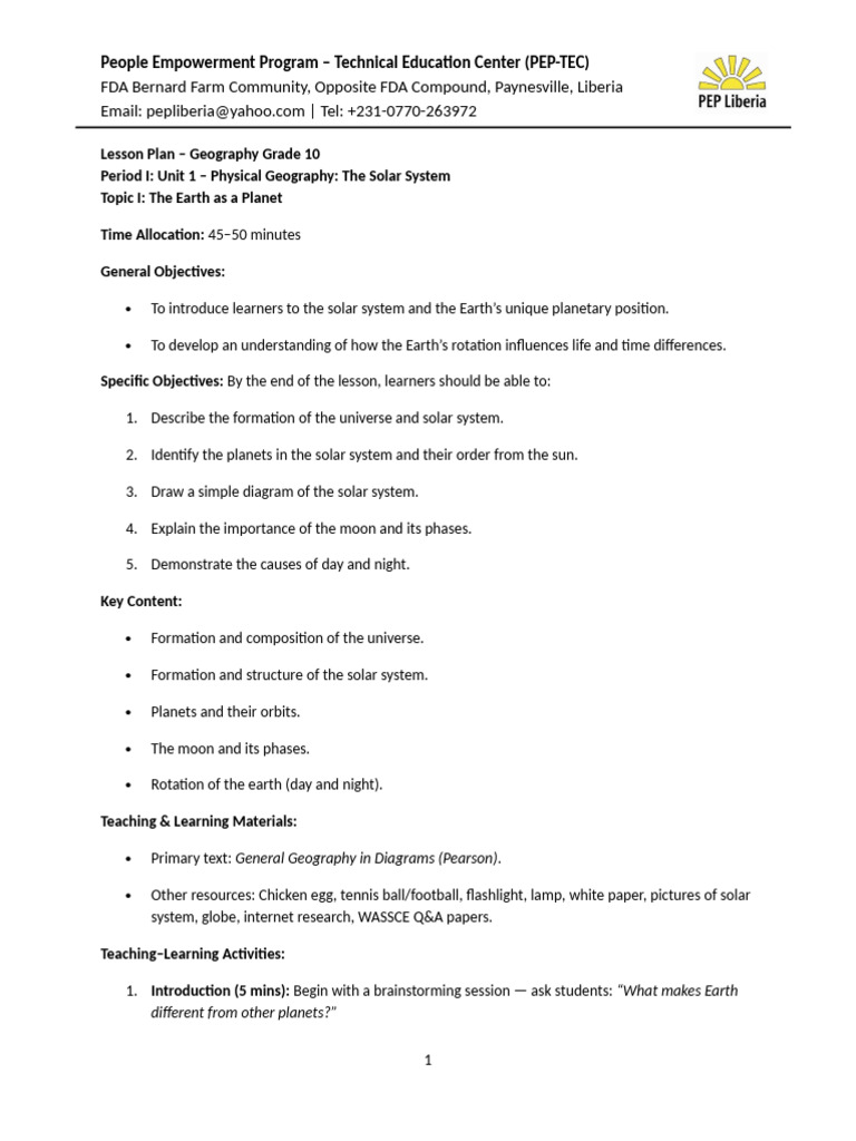 Lesson Plan - Geography Grade 10 | PDF | Solar System | Moon