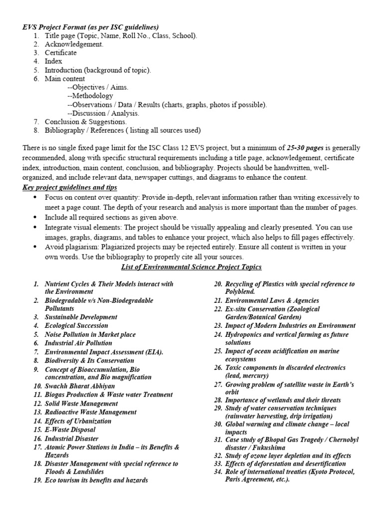 ISC Class 12 EVS Project Guidelines | PDF | Waste | Pollution