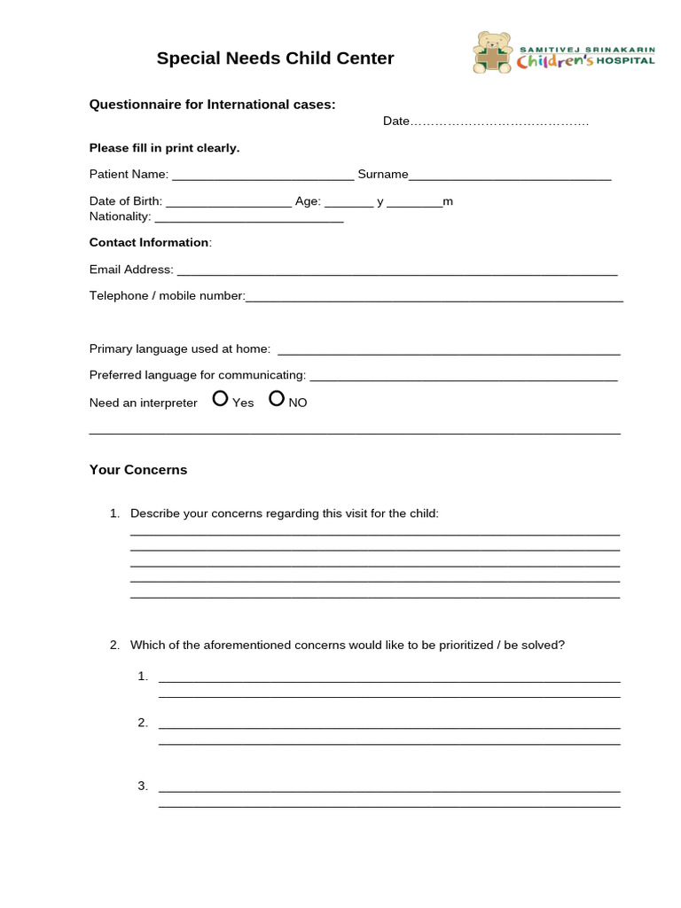 International Special Needs Child Questionnaire | PDF