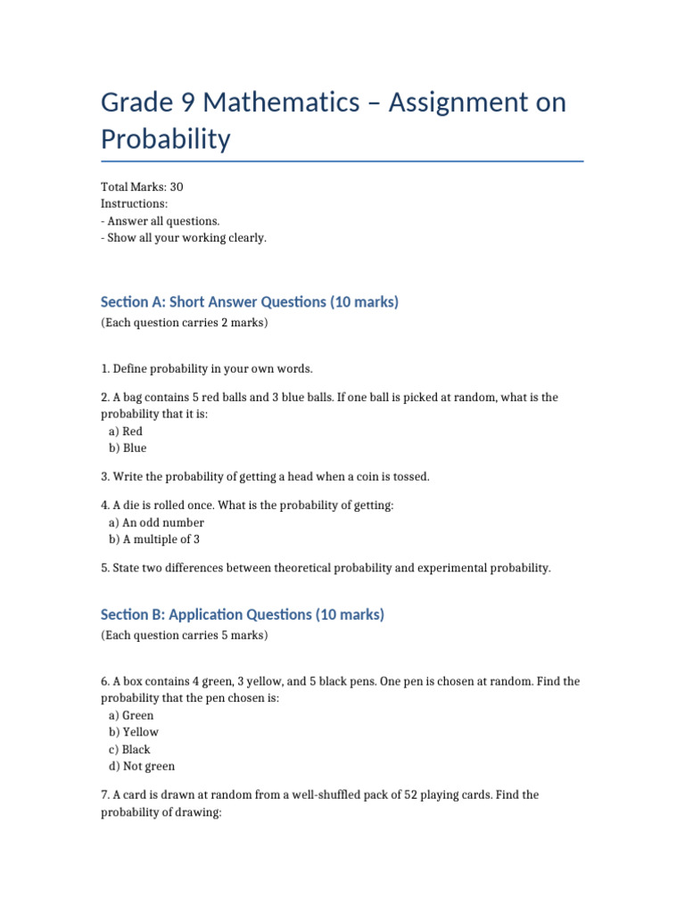 Grade9 Probability Assignment | PDF
