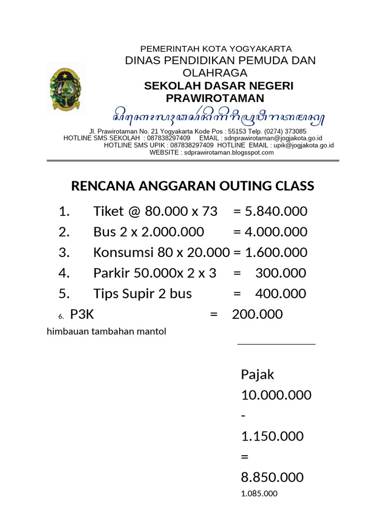 Rencana Anggaran Outing Class SDN Prawirotaman 2025 | PDF