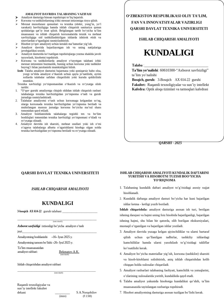 Turdiyev Samandar Kundalik2025 | PDF