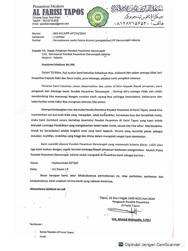 Surat Pengabdian Muhamad Alif | PDF