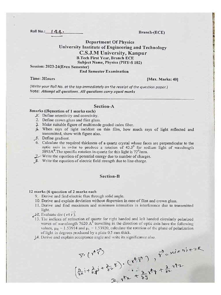 PHY-S102 End Sem | PDF