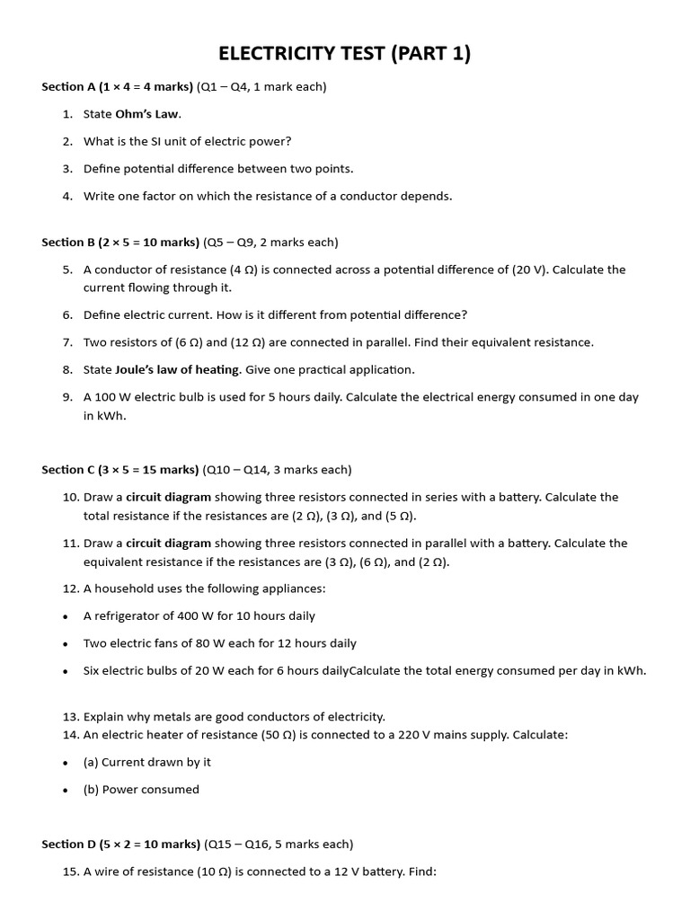Electricity Test Questions and Solutions | PDF