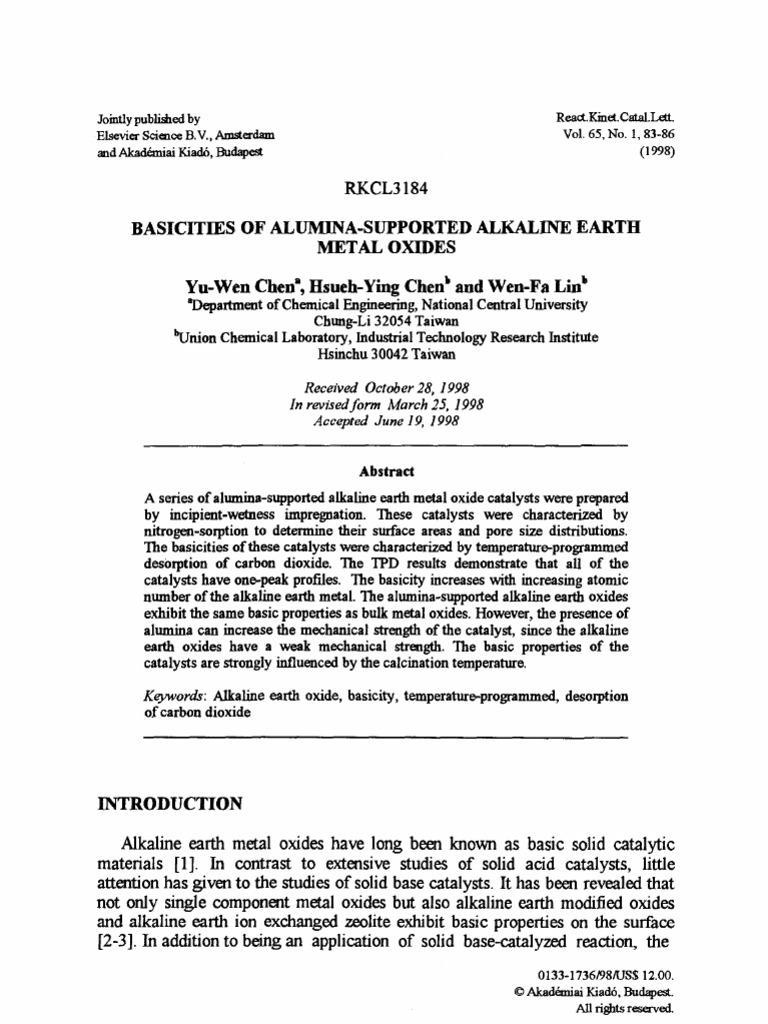 Basicities of Alumina-Supported Alkaline Earth Metal Oxides Yu-Wen Chen ...
