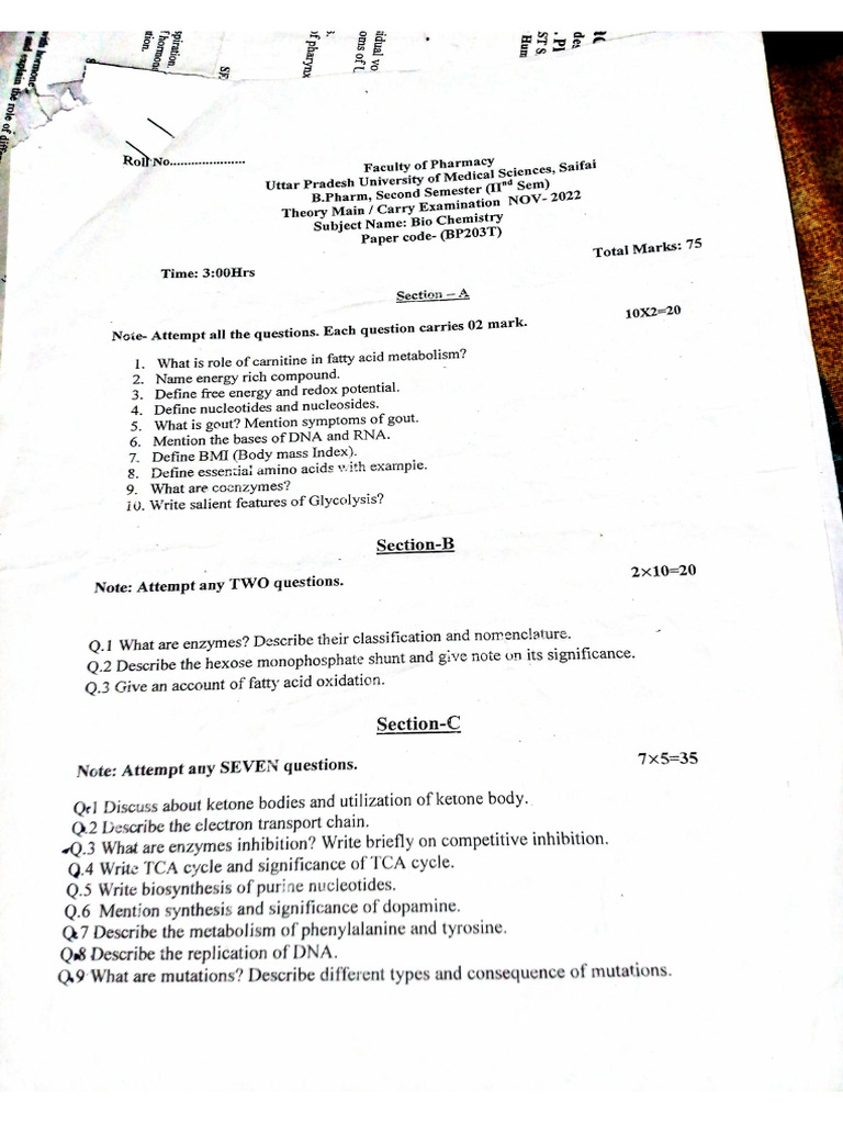 Bio Chemistry Second Semester Question Paper | PDF