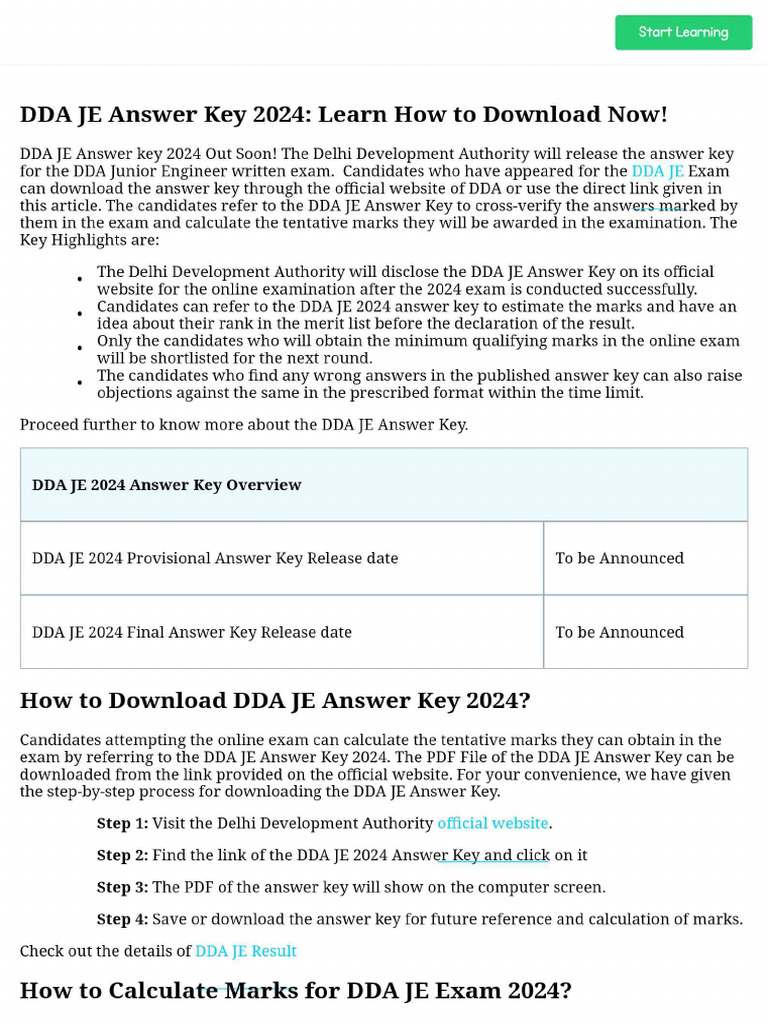 DDA JE Answer Key 2024 - Learn How To Download Now! | PDF