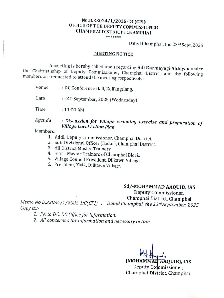 Meeting Notice DC (Cpi) Adi Karmayogi Abhiyan | PDF