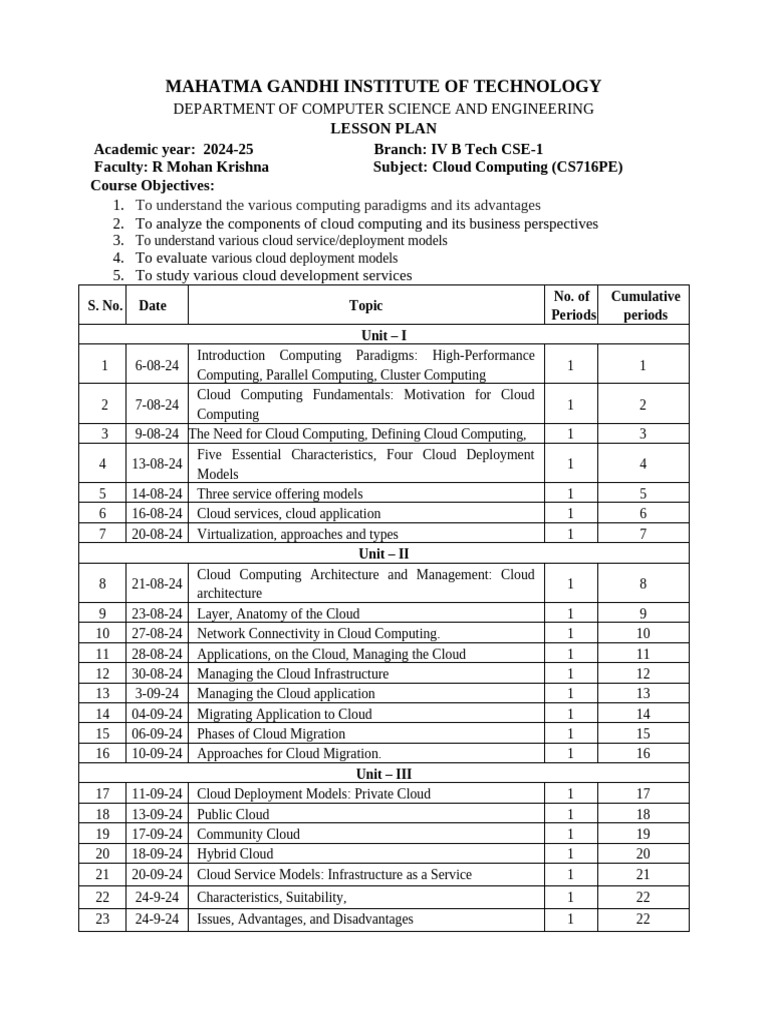 CC Lessonplanay2021-22 Cse-1 | PDF | Cloud Computing | Virtualization