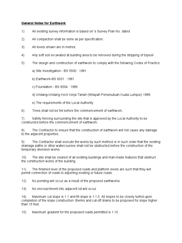 General Notes For Earthwork | PDF | Road | Drainage