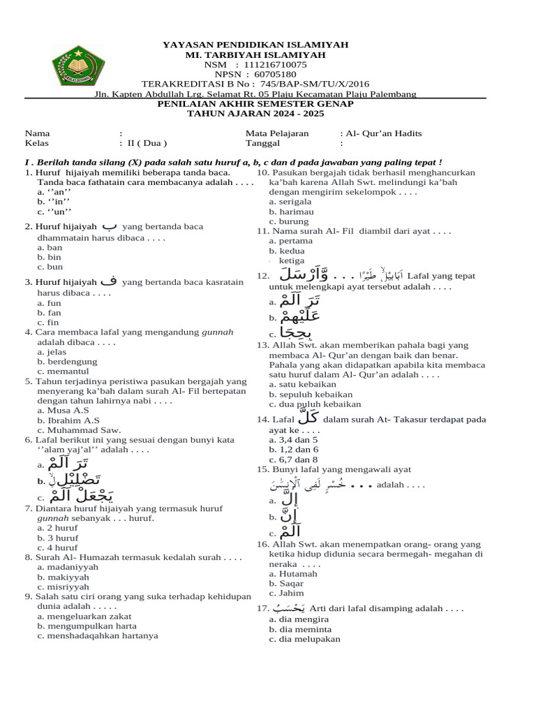 Soal Smt1 Kelas 2b 2024 | PDF