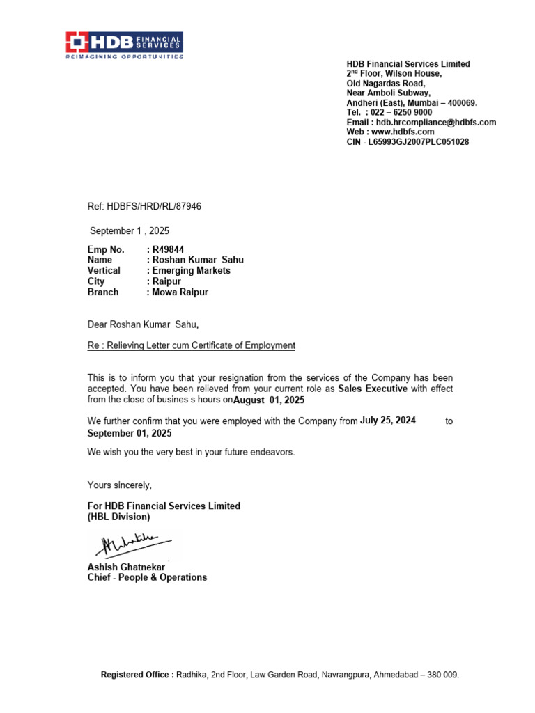 HDB Financial Services Relieving Letter | PDF