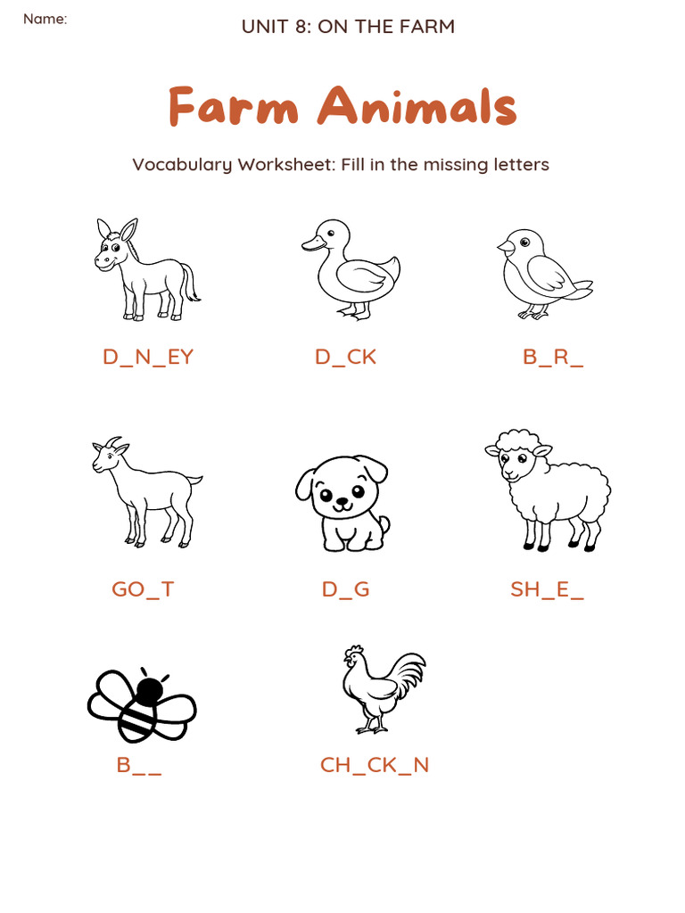 EDU Vocabulary Farm Animals Missing Letters Worksheet Set | PDF