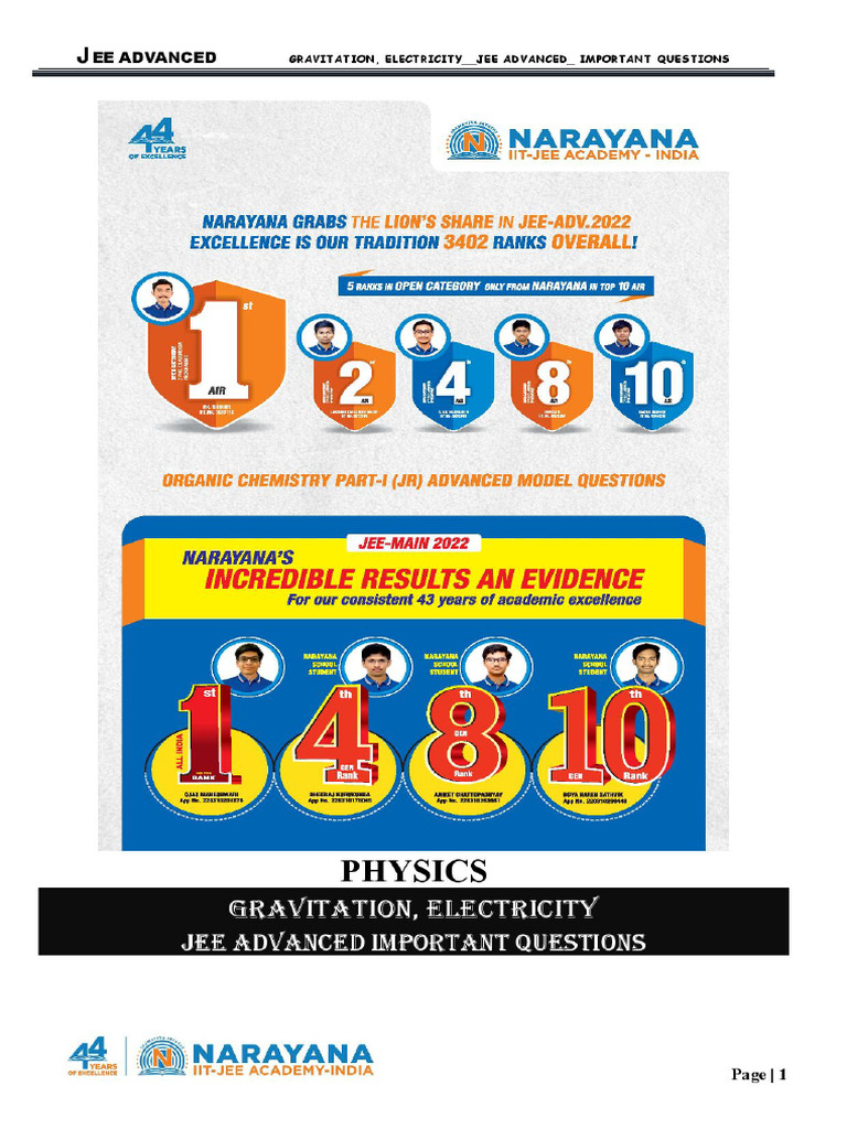 Gravitation, Electricity - Jee Advanced - Important Questions | PDF