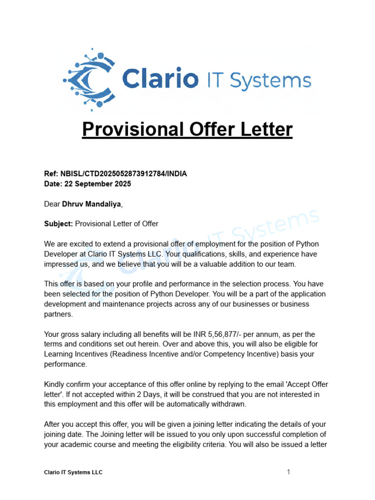 Provisional Offer for Python Developer | PDF | Performance Appraisal