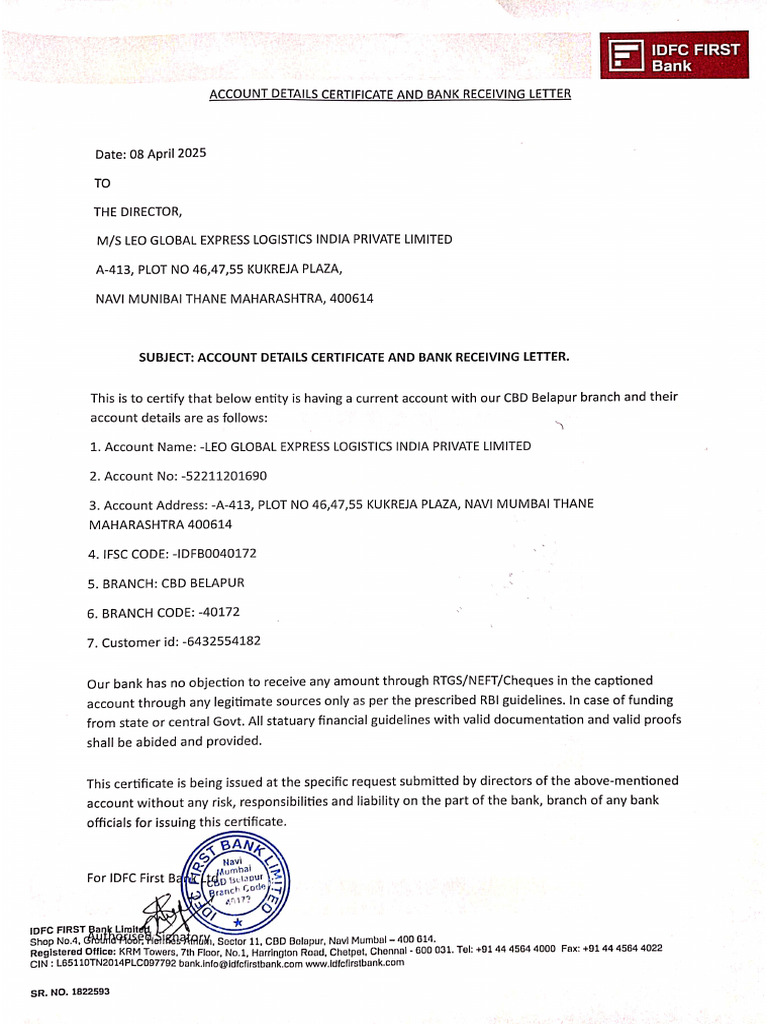 IDFC Receiving Letter | PDF