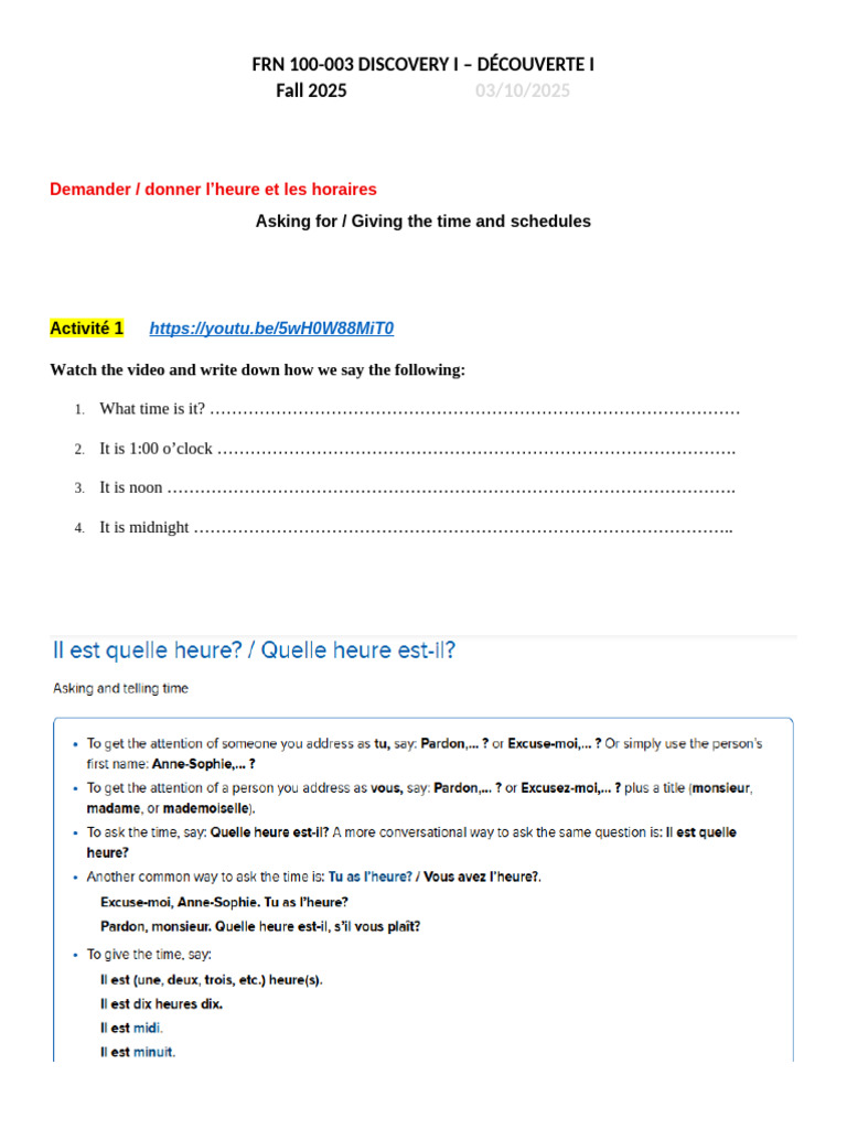 Demander et donner l'heure en français | PDF