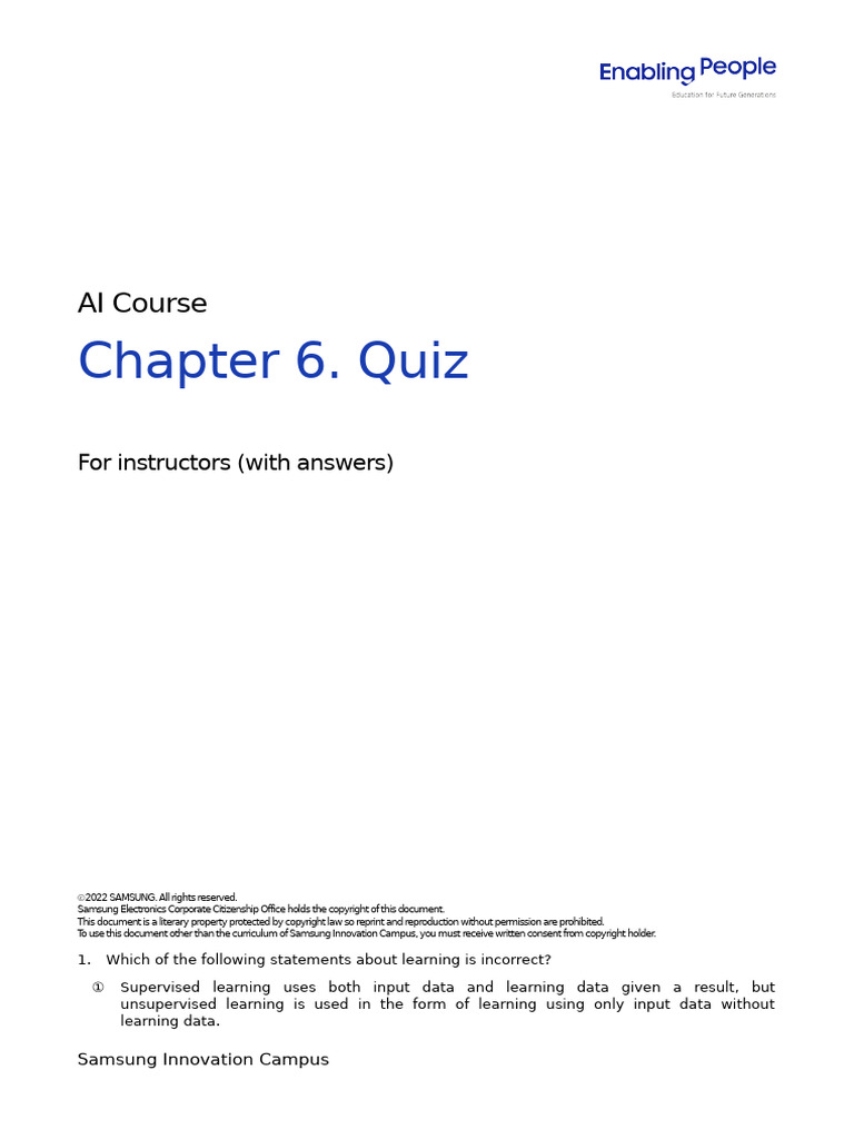 AI Course Chapter 6 Quiz for Instructors | PDF | Cluster Analysis ...