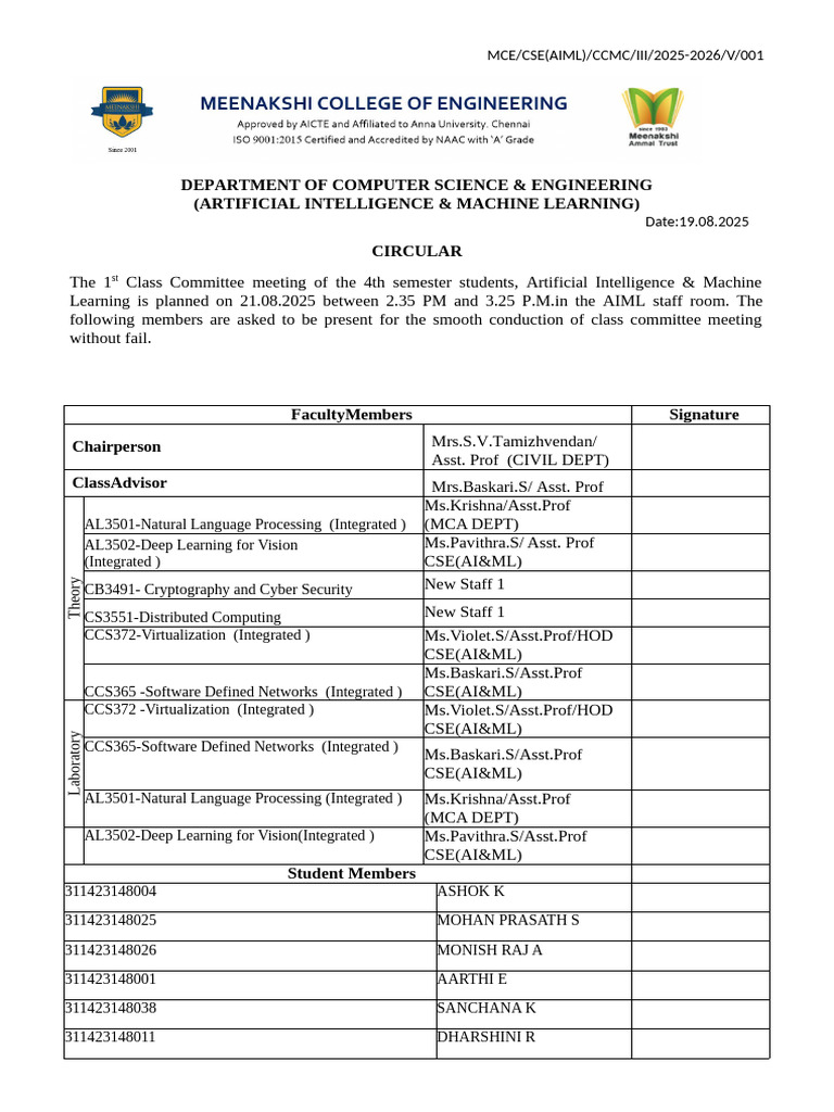 Class Committee Meeting Circular-1 III AIML | PDF | Computing | Learning