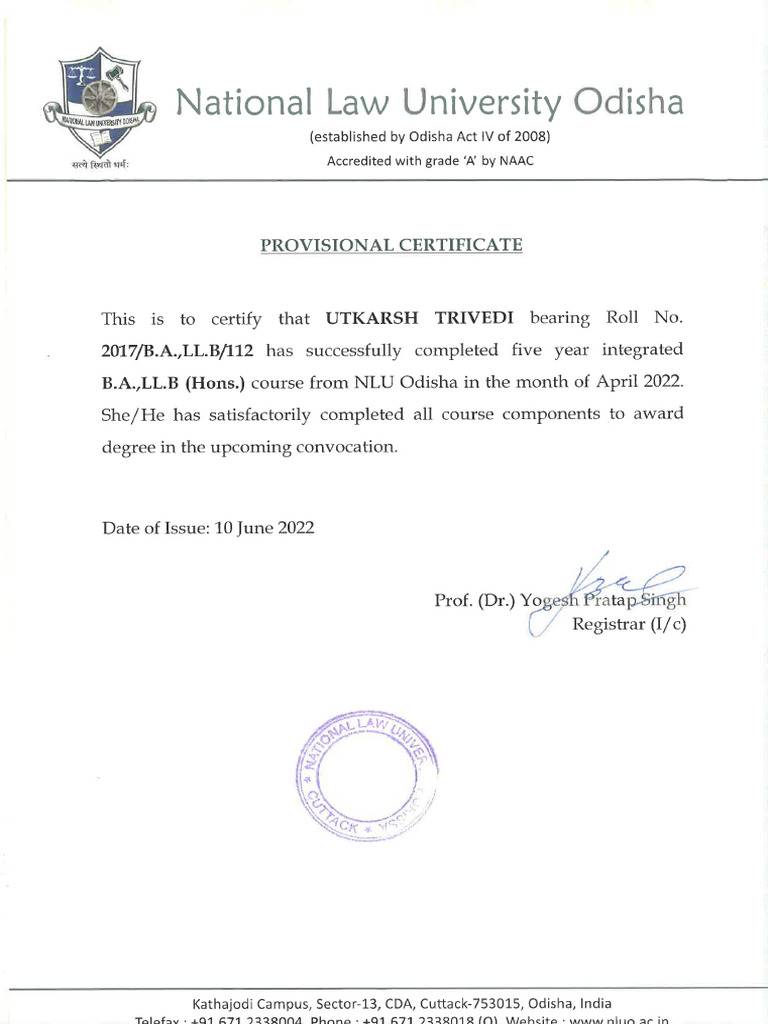 Utkarsh Trivedi Provisional Degree and Transcript | PDF