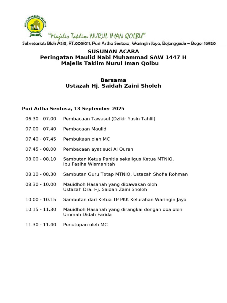 Susunan Acara Maulid Nabi 2025 | PDF