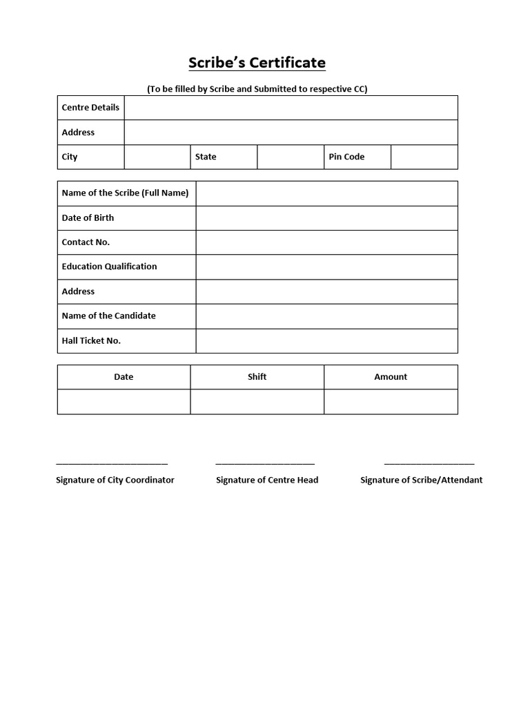 Scribe Certificate Template for Exams | PDF