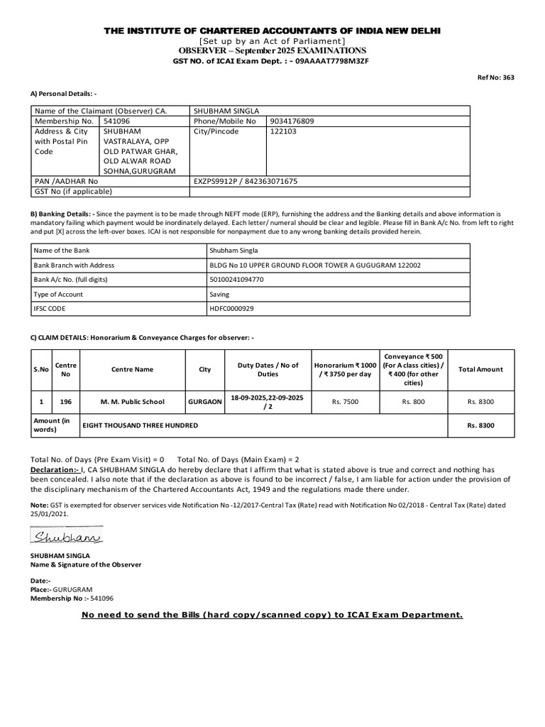 ICAI Observer Claim Form September 2025 | PDF | Taxes | Payments