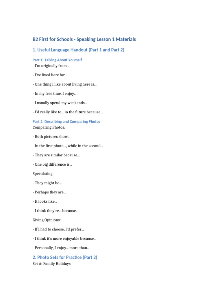 B2 Speaking Lesson 1 Materials Guide | PDF