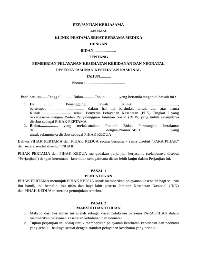 Contoh Perjanjian Kerjasama Klinik Dengan Bidan | PDF