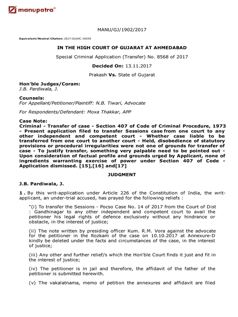 Gujarat High Court Case Transfer Ruling | PDF | Judgment (Law ...