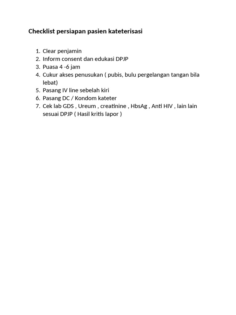 Ceklist Pasien Kateterisasi | PDF