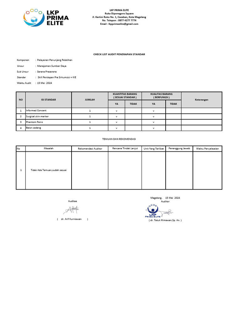 Checklist Audit Penerapan Alat Skill 1 | PDF