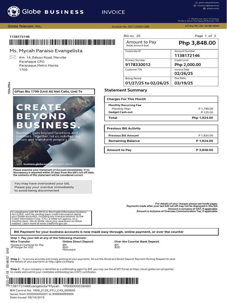 Globe Bill Statement for Mycah Evangelista | PDF | Value Added Tax ...
