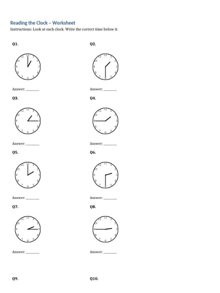 Reading Clock Worksheet | PDF