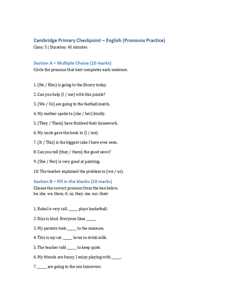 Pronouns Practice for Class 5 Students | PDF