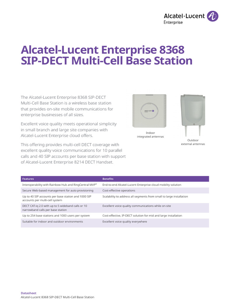 Alcatel-Lucent 8368 SIP-DECT Base Station | PDF | Ip Address | Internet ...