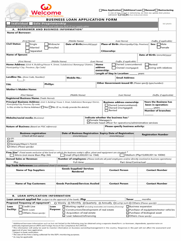 WBP Business Loan Application Form -ANNEX 1 - SOLE PROP | PDF