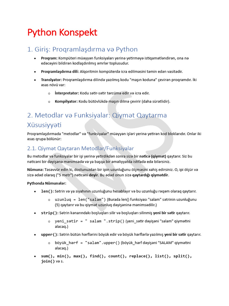 Python Konspekt (Metodlar) | PDF