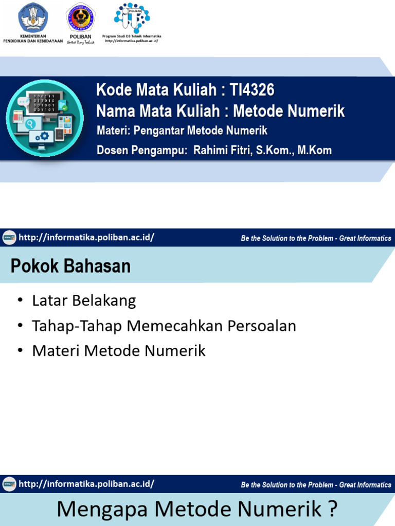 Pengantar Metode Numerik D3 TI Poliban | PDF