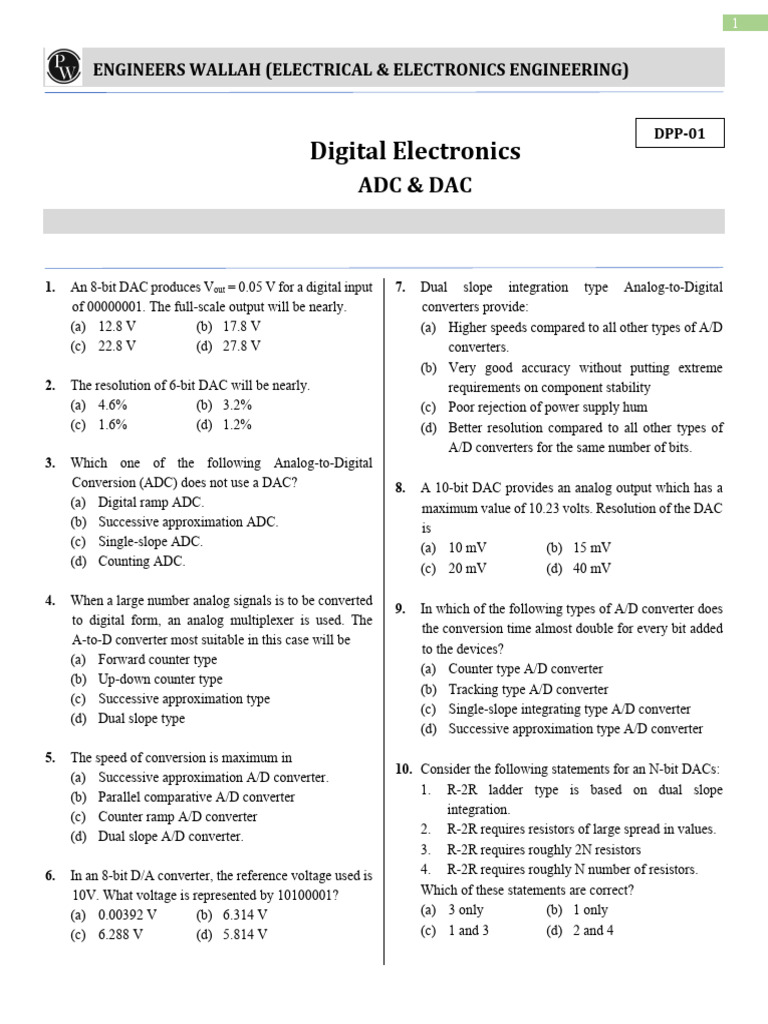 Digital Electronics: ADC and DAC Quiz | PDF | Analog To Digital ...