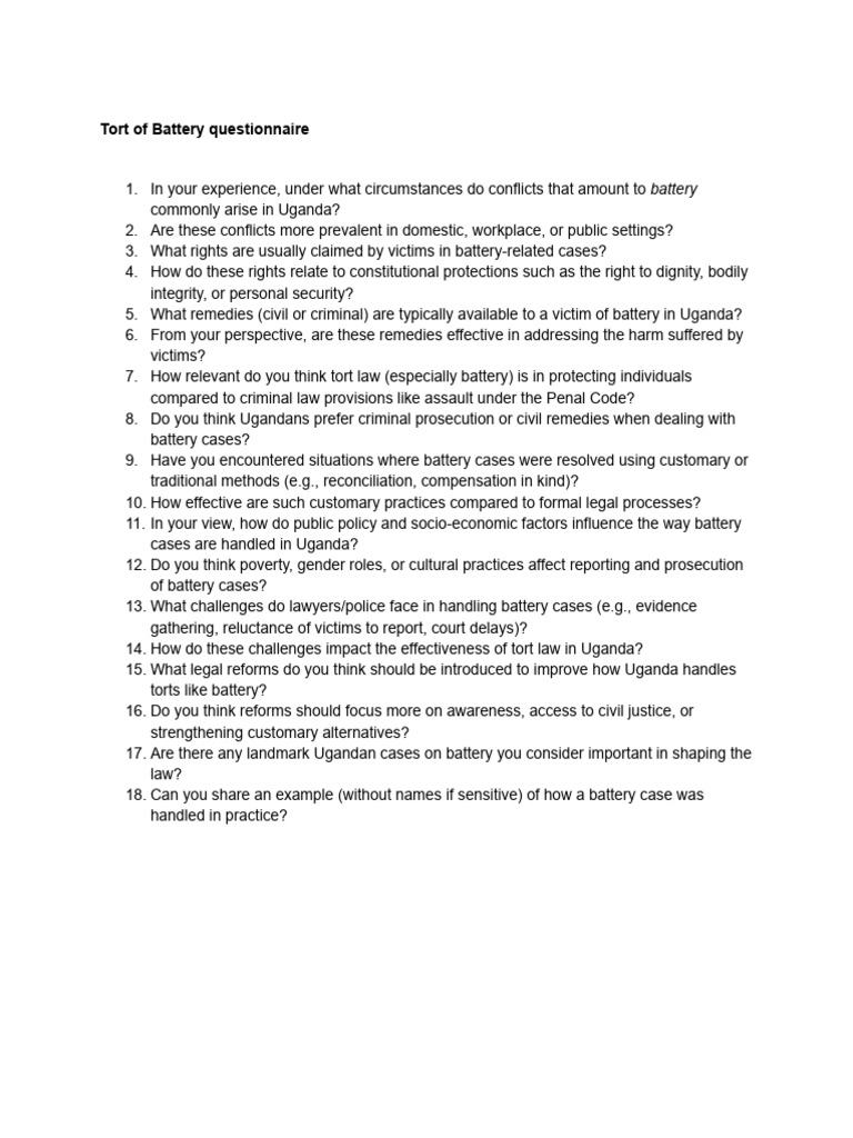 Tort of Battery Questionnaire | PDF