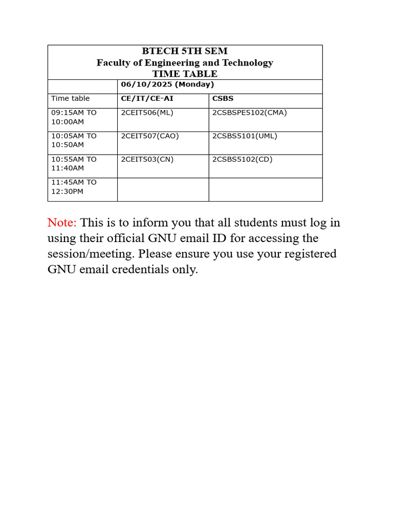 BTech 5th Sem Time Table 2025 | PDF