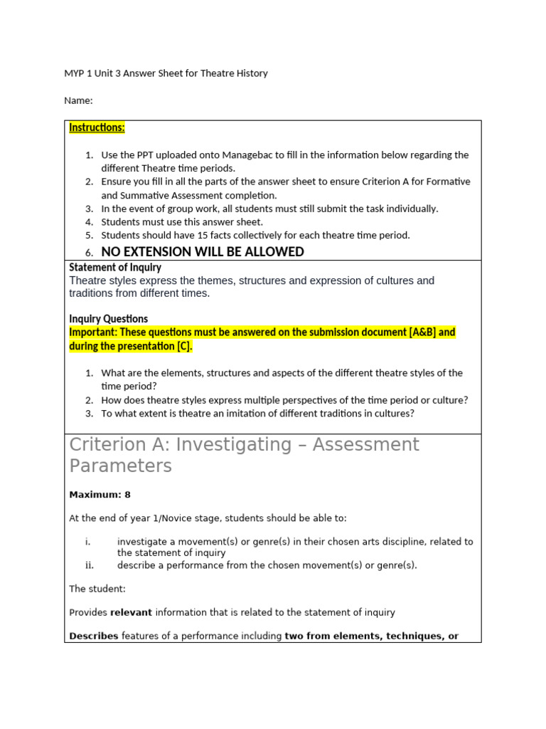 Theatre History Answer Sheet MYP 1 | PDF | Theatre | Tragedy