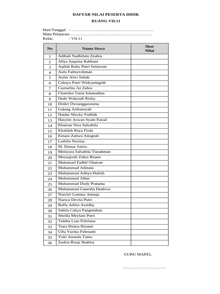 Daftar Nilai Pts Kelas 7.11 | PDF