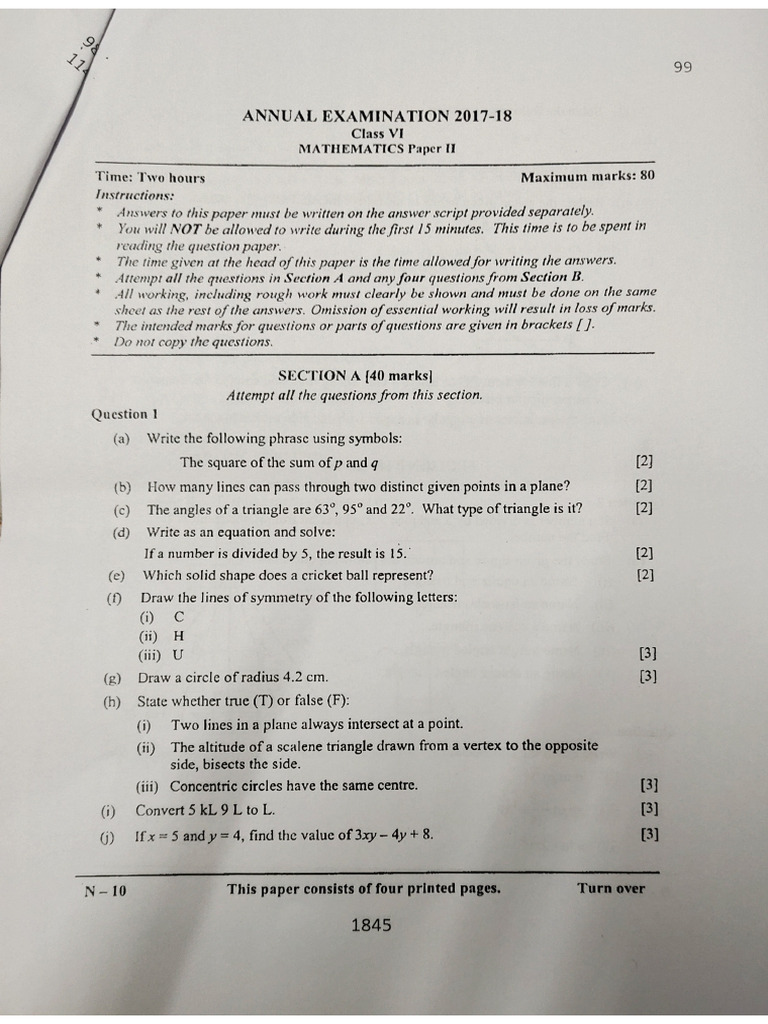 Annual Examination Paper 2017-18 Math 2 | PDF